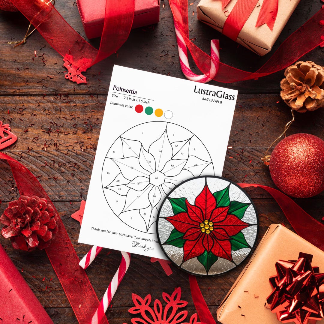 Poinsettia Stained Glass Pattern: Holiday Suncatcher Template (PDF ...