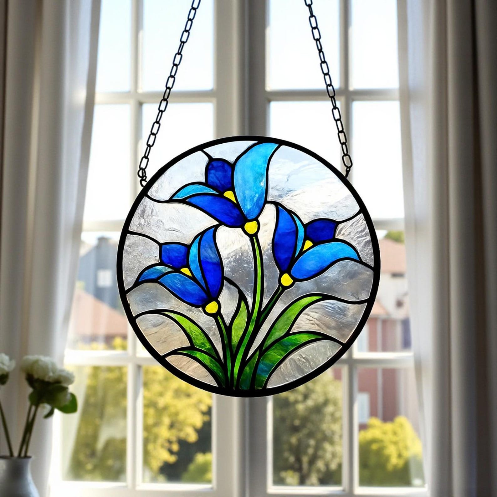 Sapphire Bloom Stained Glass Pattern – Blue Flower Suncatcher Template ...
