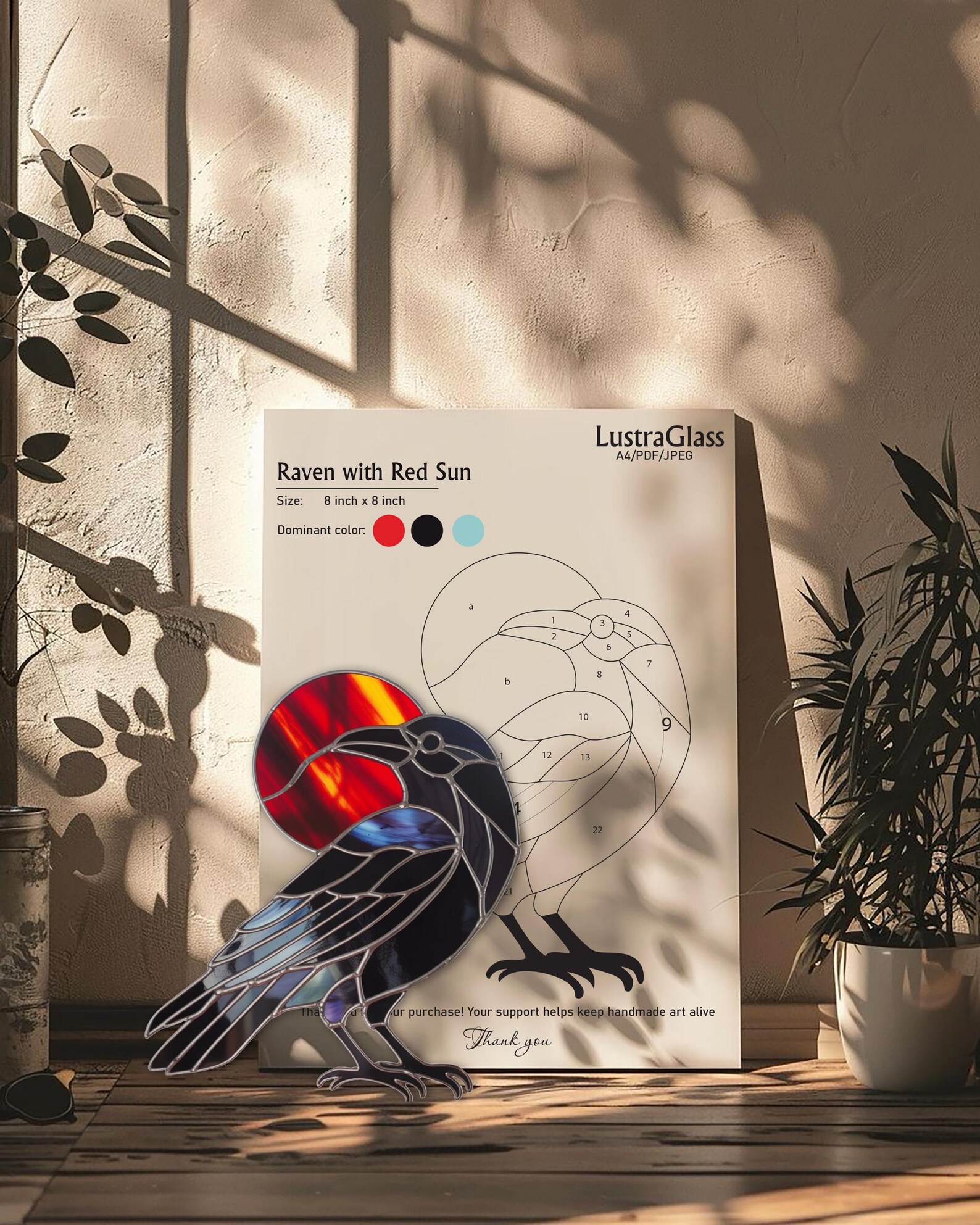 Raven Stained Glass Pattern PDF, Raven With Red Sun Template, DIY ...
