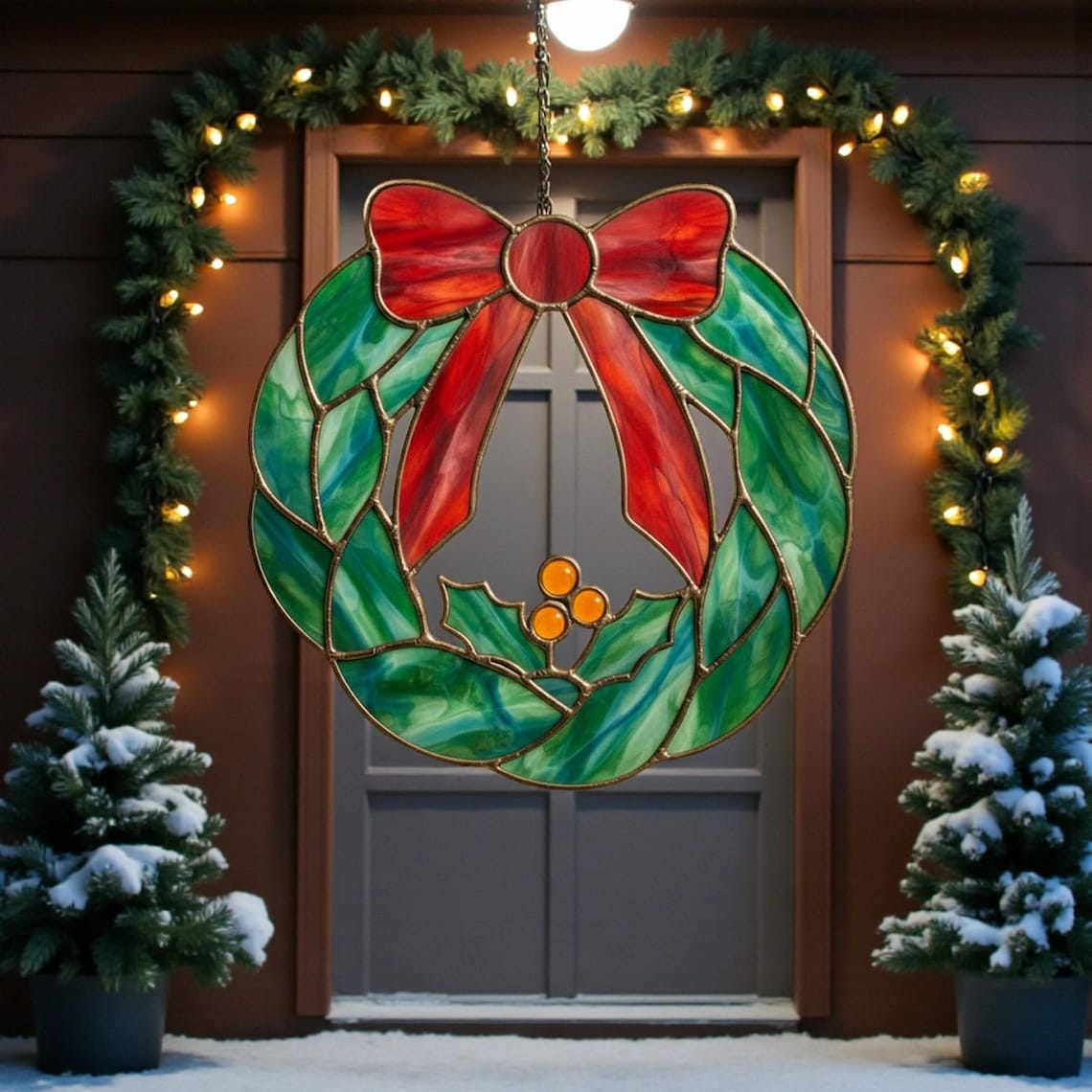 Christmas Wreath Stained Glass Pattern: Holiday Suncatcher Template ...