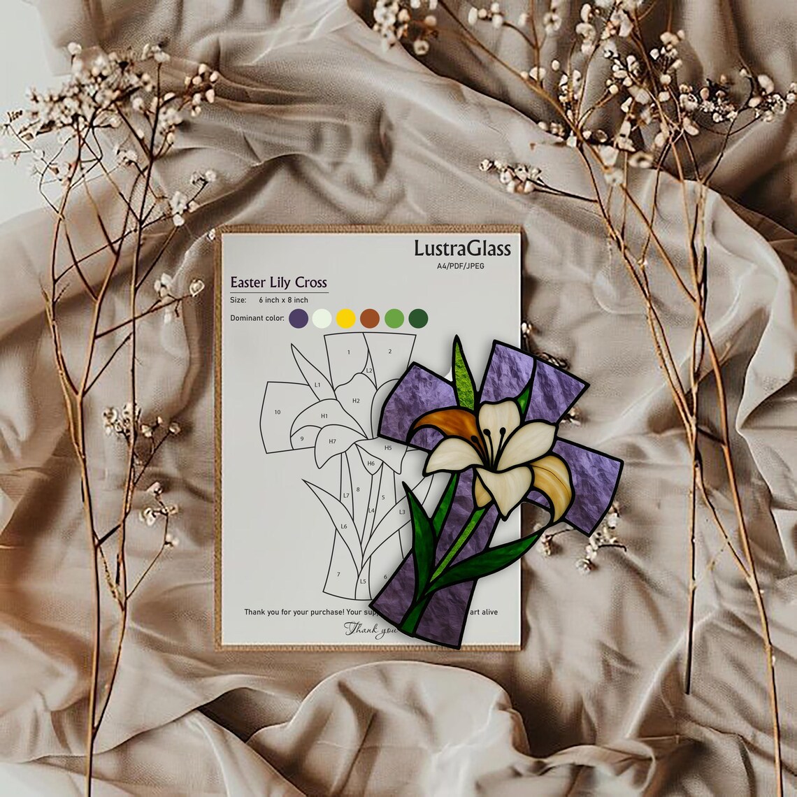 Easter Lily Cross Stained Glass Pattern PDF – Floral Cross Template ...