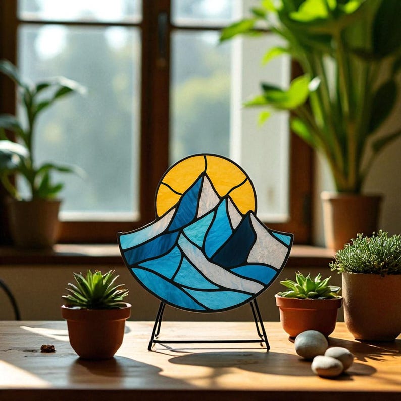 Mountain Stained Glass Pattern PDF Download – Frozen Peaks Sunrise ...