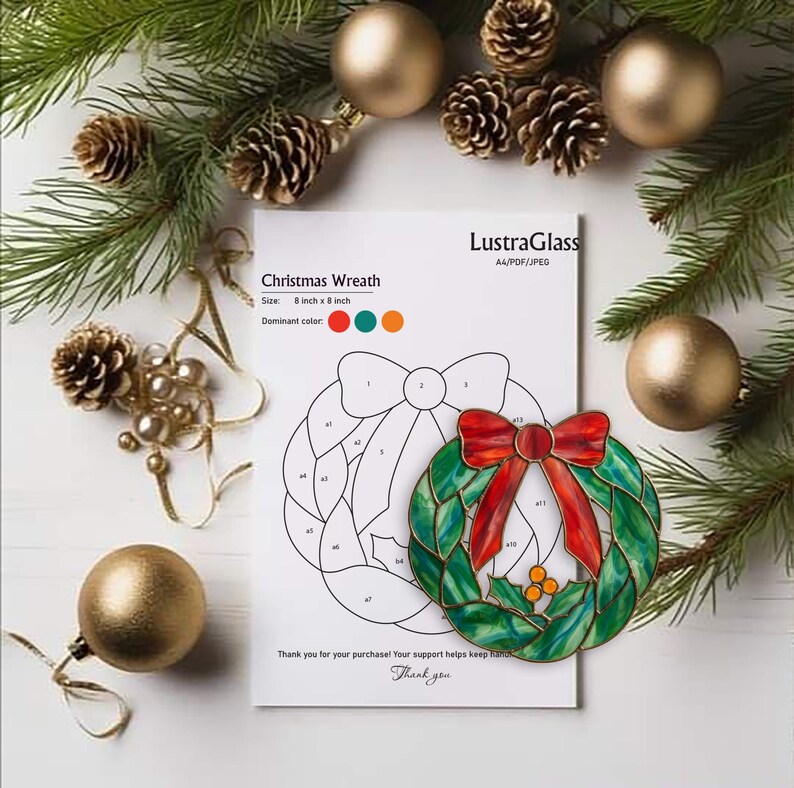 Christmas Wreath Stained Glass Pattern: Holiday Suncatcher Template ...