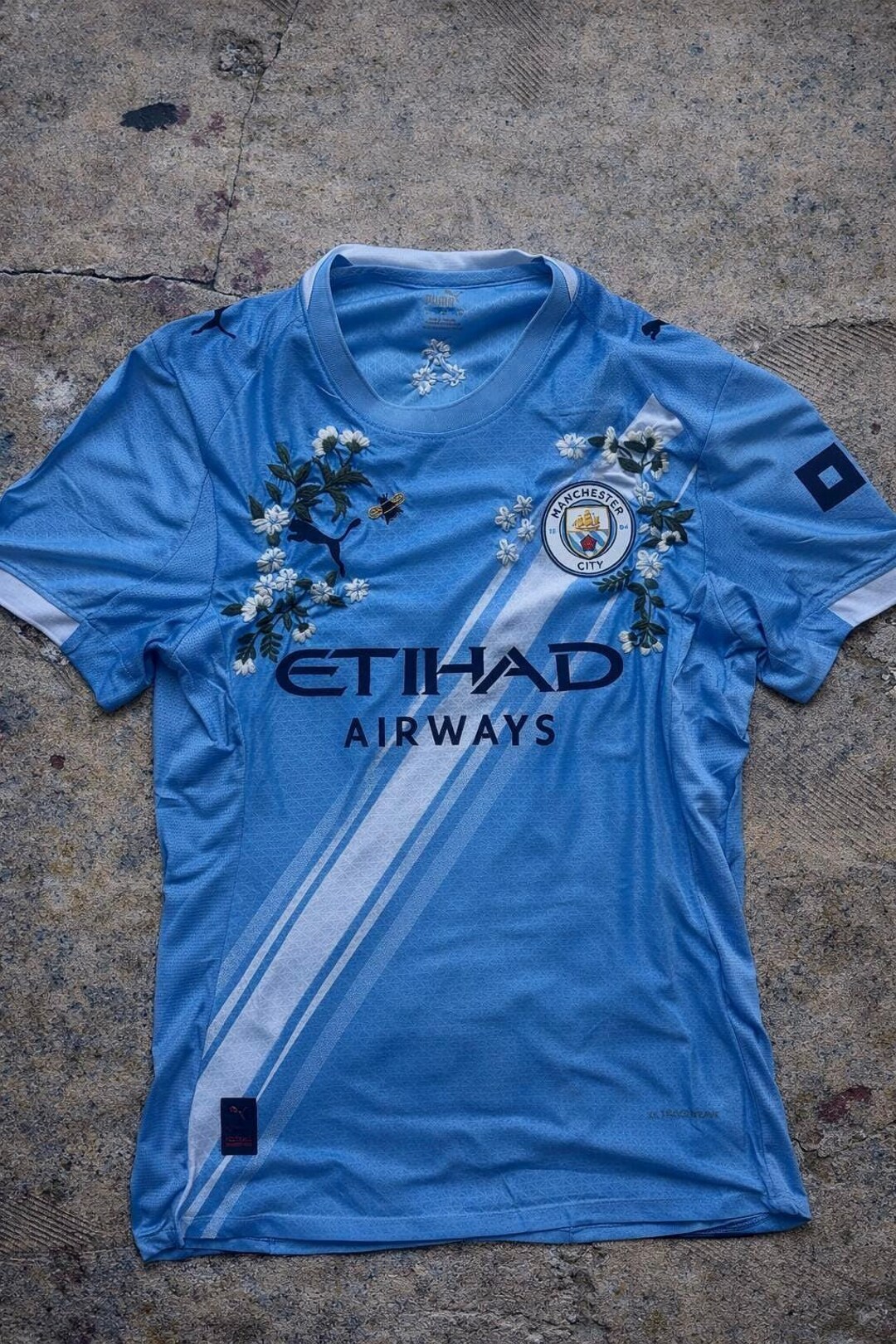 Manchester City Home Football Jersey – Hand Stitched Custom Floral Bee ...