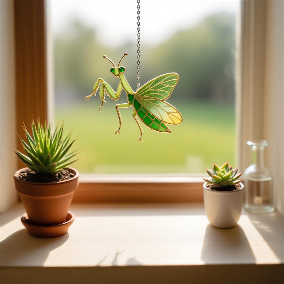 Stained Glass Mantis Pendant – Green Gradient Wings for Insect ...