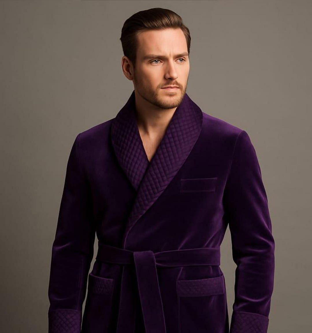 Luxury Men’s Velvet Smoking Jacket – Purple Shawl Collar Robe With ...