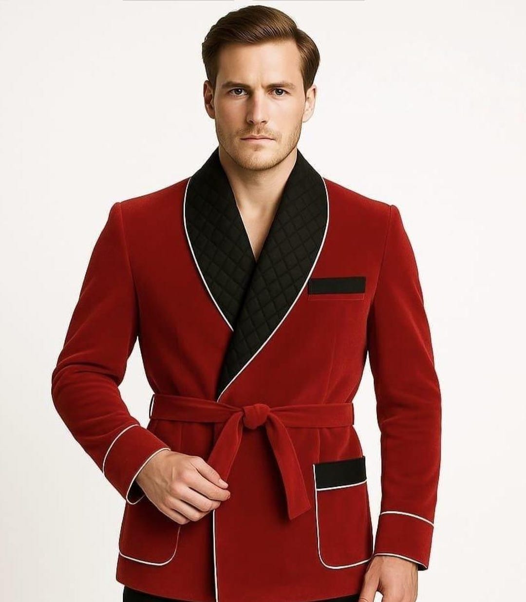 Men’s Burgundy Velvet Smoking Jacket With Black Quilted Shawl Collar ...