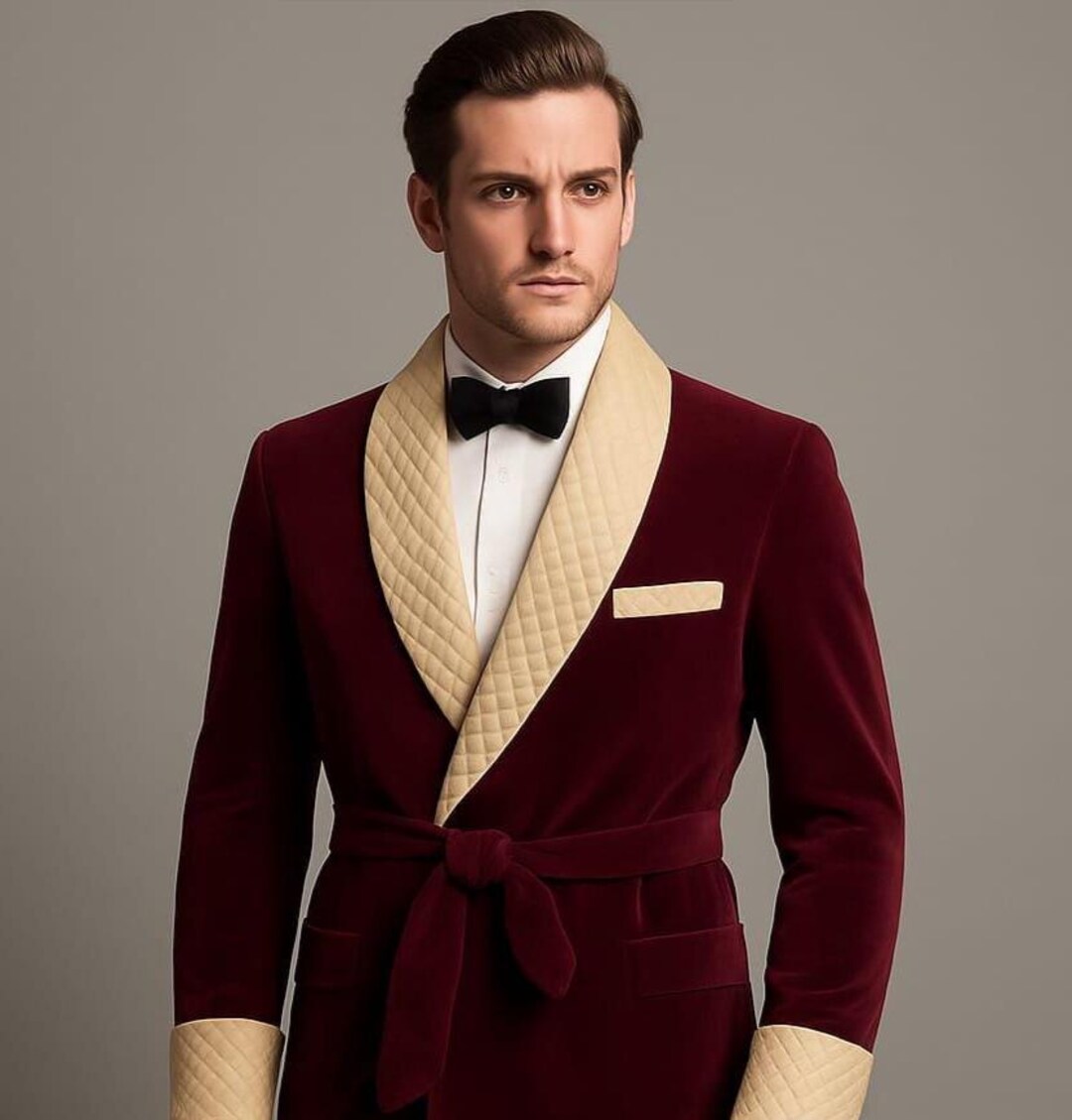 Luxury Velvet Burgundy Dinner Jacket for Men With Quilted Beige Lapel ...