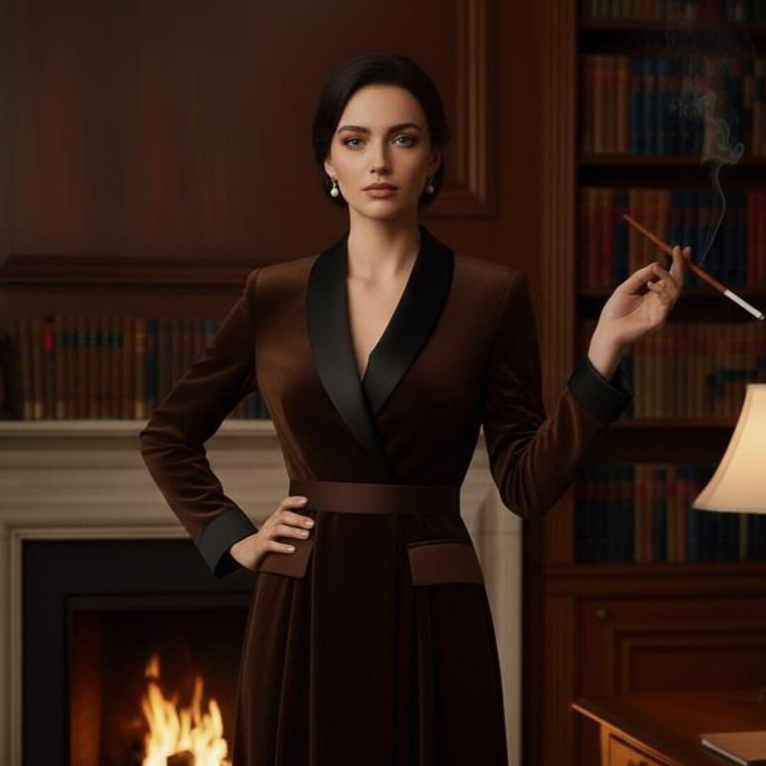 Women’s Brown Long Velvet Robe – Luxury Quilted Shawl Collar Lounge ...