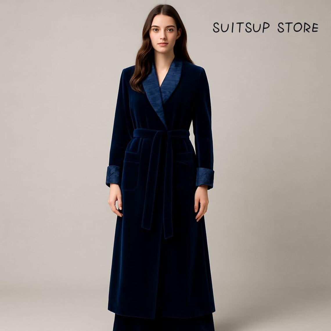 Women’s Long Navy Blue Velvet Robe – Elegant Full-length Dressing Gown ...