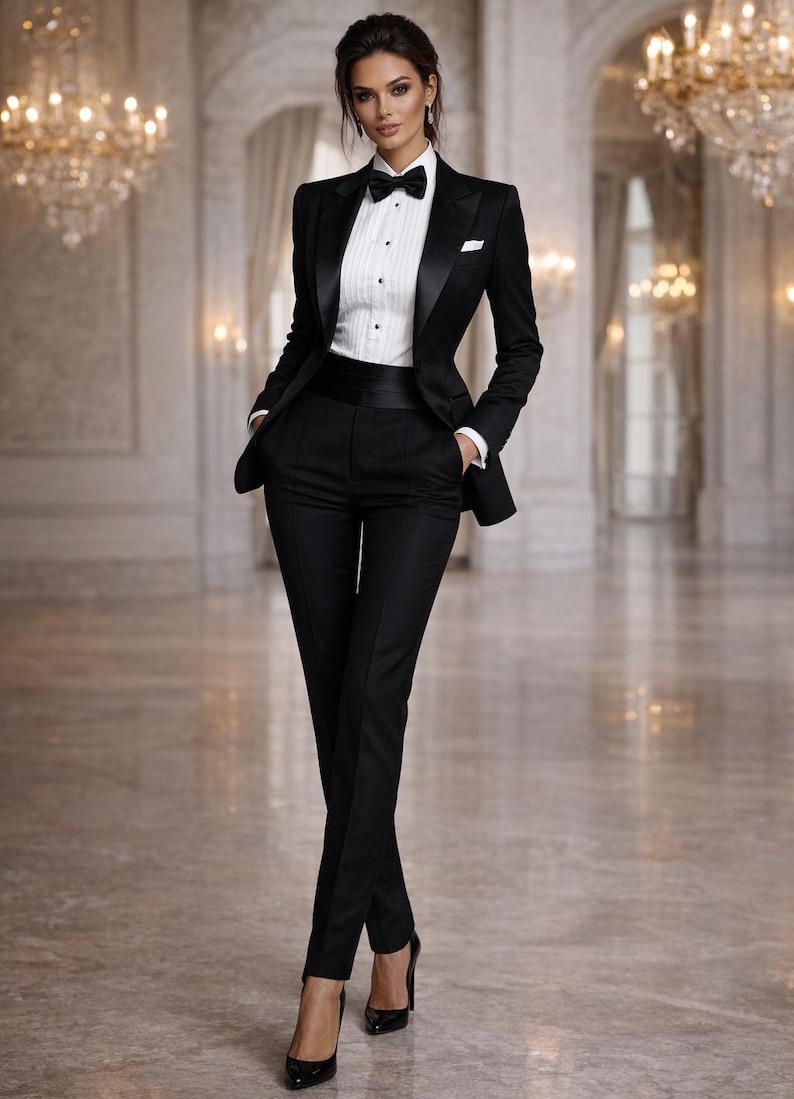 Women Black Tuxedo Suit, Elegant 2 Piece Tuxedo Set for Women, Satin ...