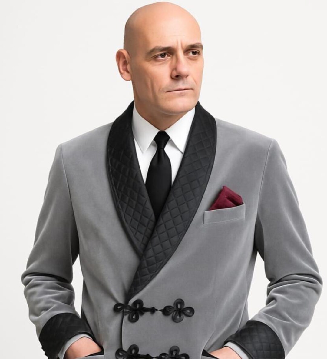Luxury Gray Velvet Smoking Jacket – Quilted Black Shawl Collar, Double ...