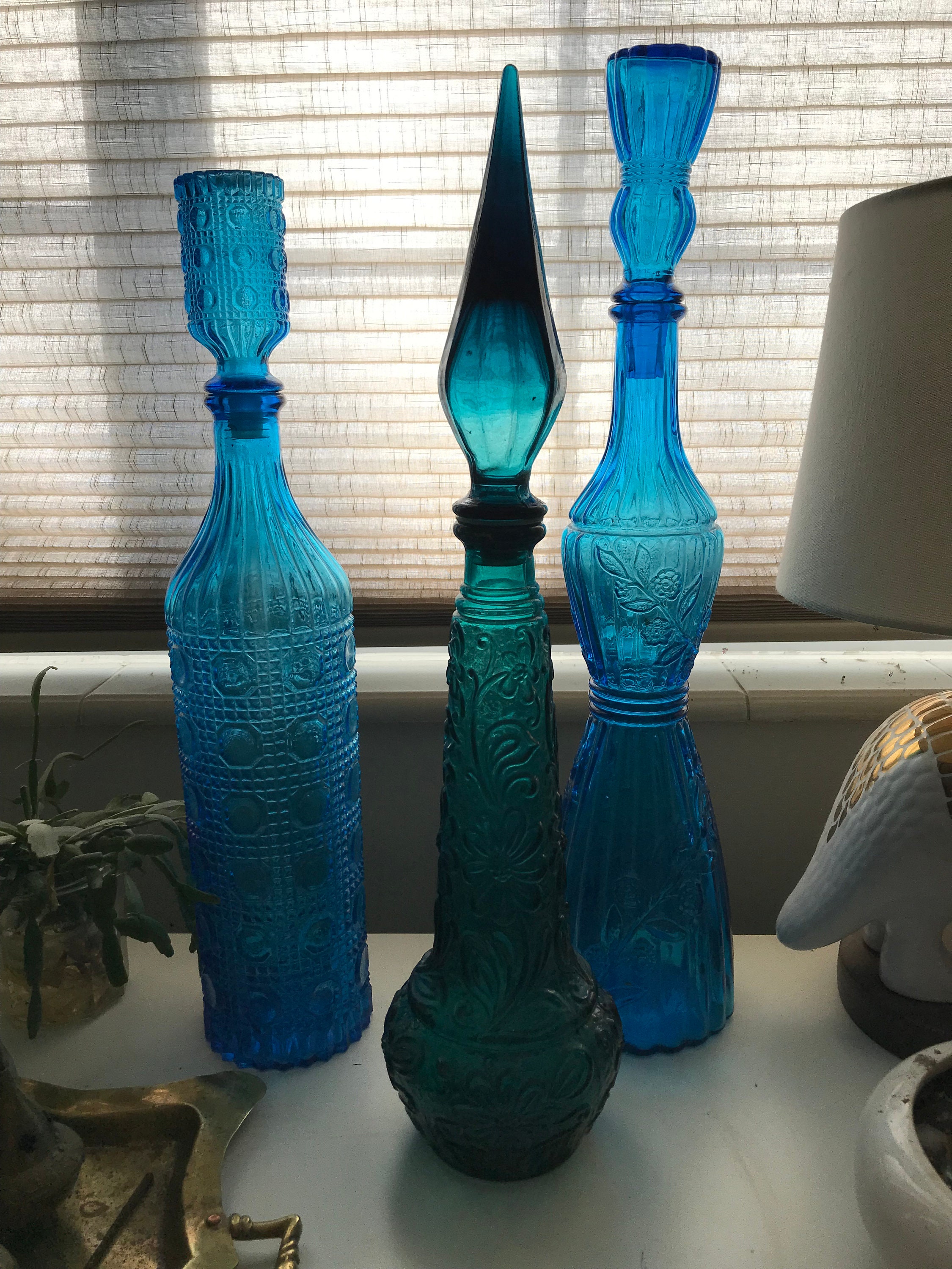 Empoli Glass Aztec Blue Tall Cut Glass Texture Geometric Decanter MCM ...