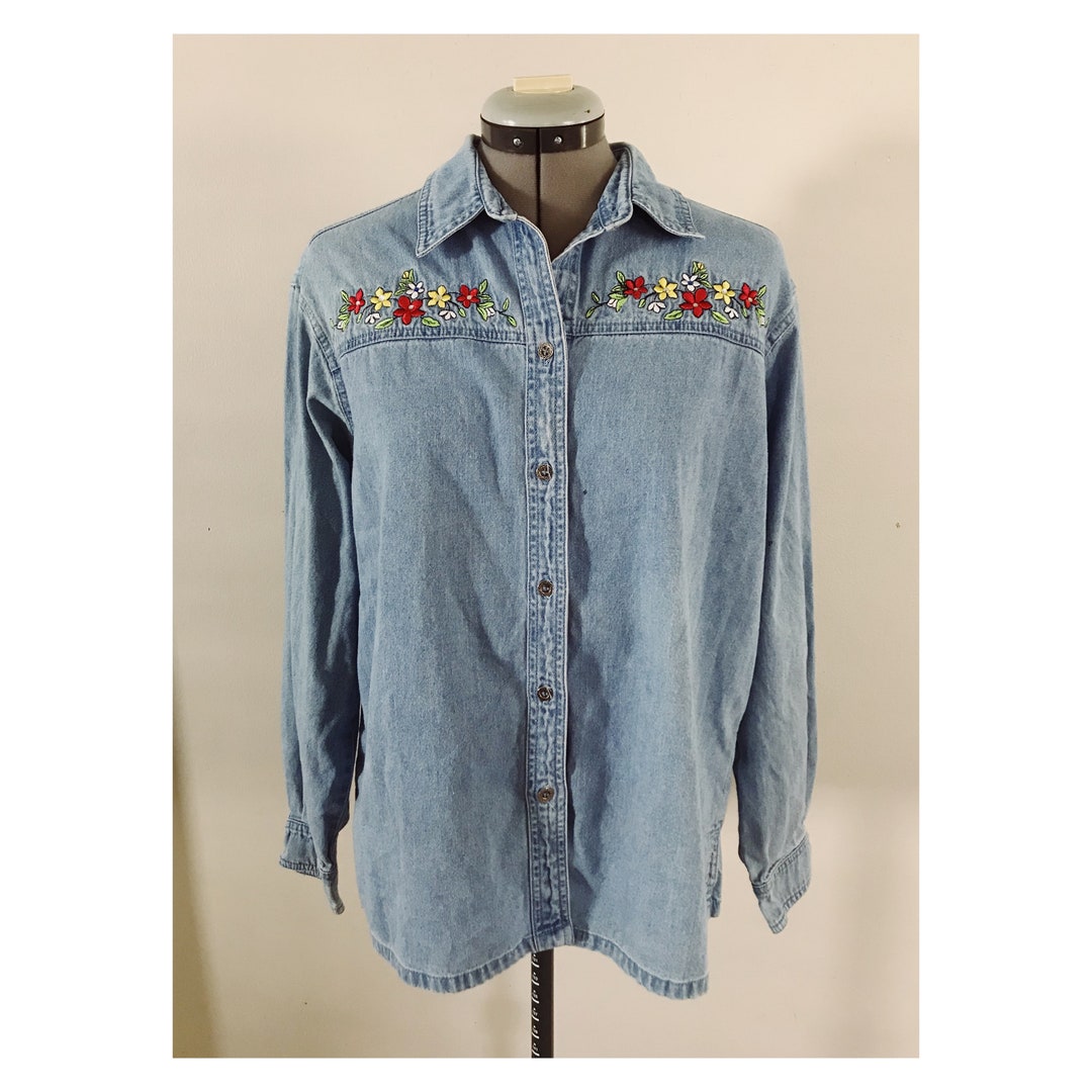 Cathy Daniels Embroidered Rhinestone Floral Denim Shirt Sz M - Etsy
