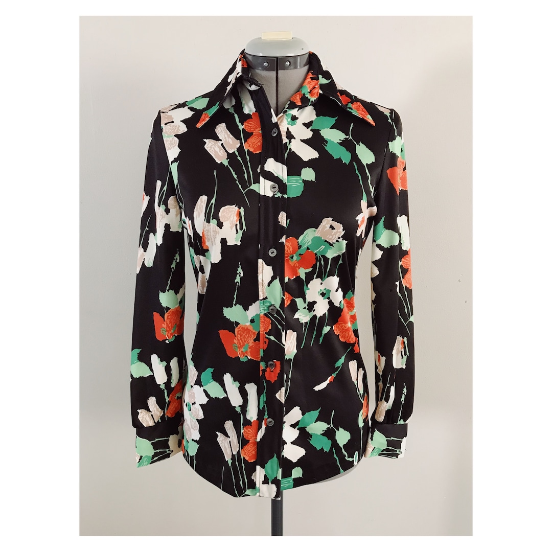 Bright 70s Floral Dart Collar Button Down Poly Knit Blouse - Etsy