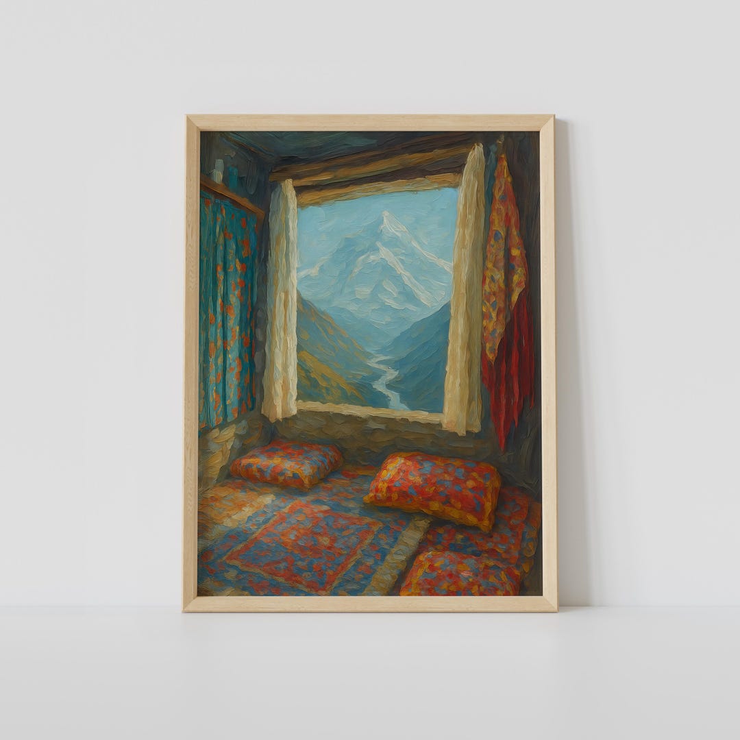 Mountain View Art Print – Alpine Window Painting, Cozy Cabin Wall Decor ...
