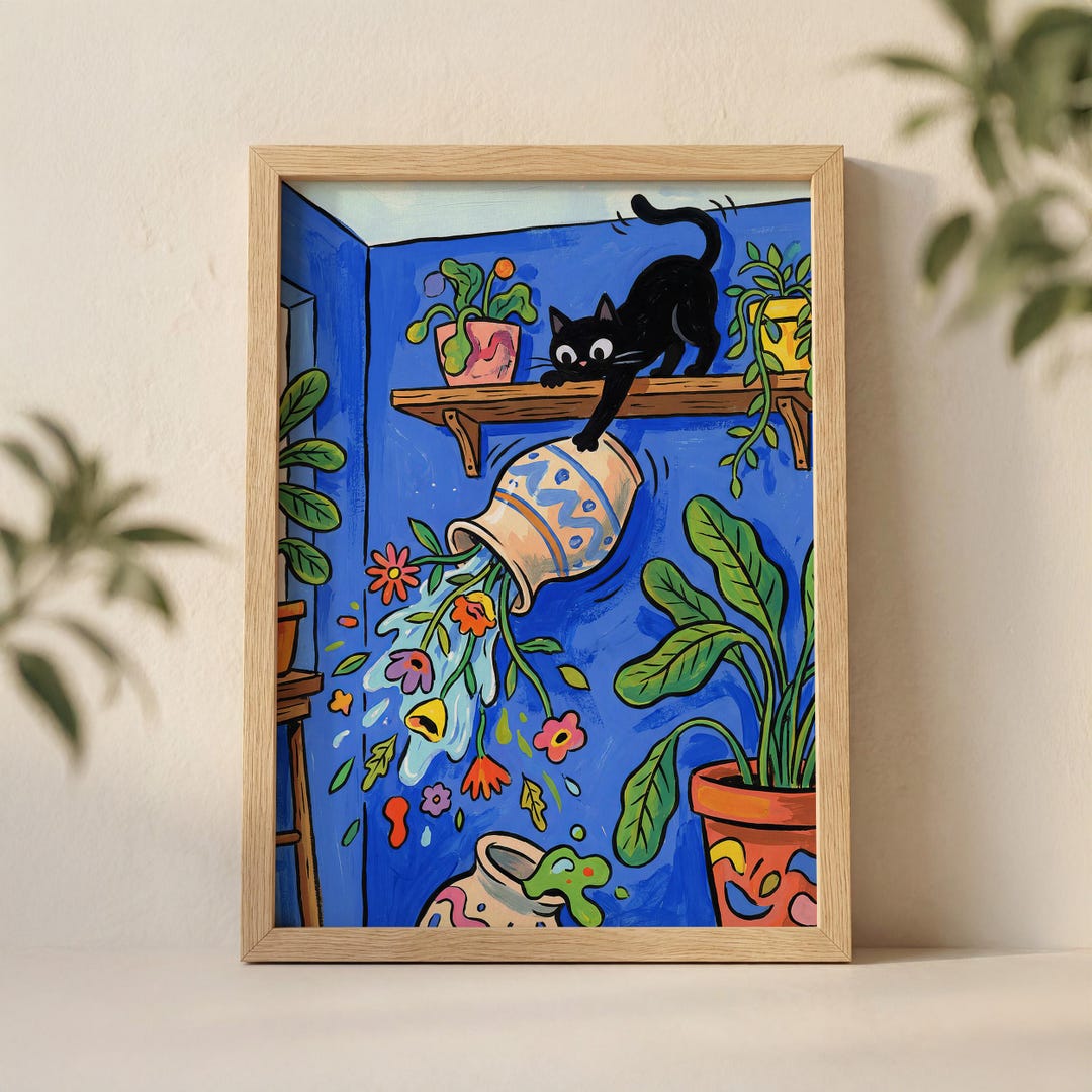 Black Cat Wall Art Print, Funny Feline Illustration Pushing Flower Vase ...