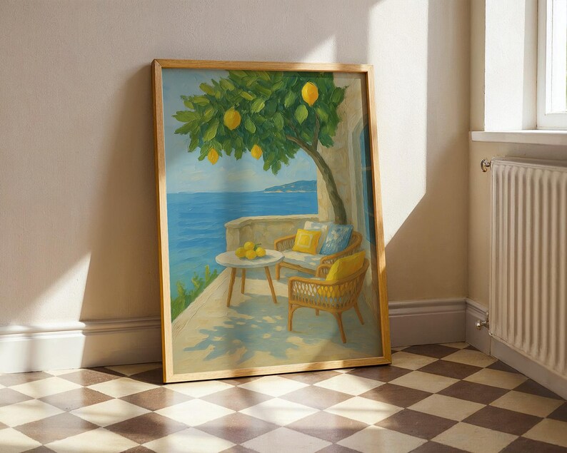 Mediterranean Lemon Tree Print – Cozy Terrace and Ocean View Art - Etsy ...