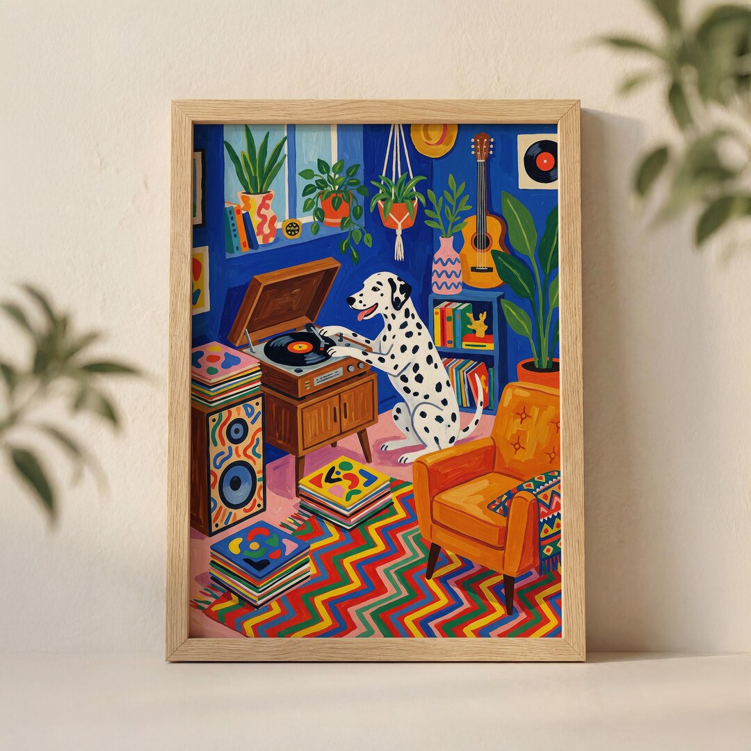 Dalmatian Dog Playing Vinyl Record Wall Art Print, Colorful Eclectic ...