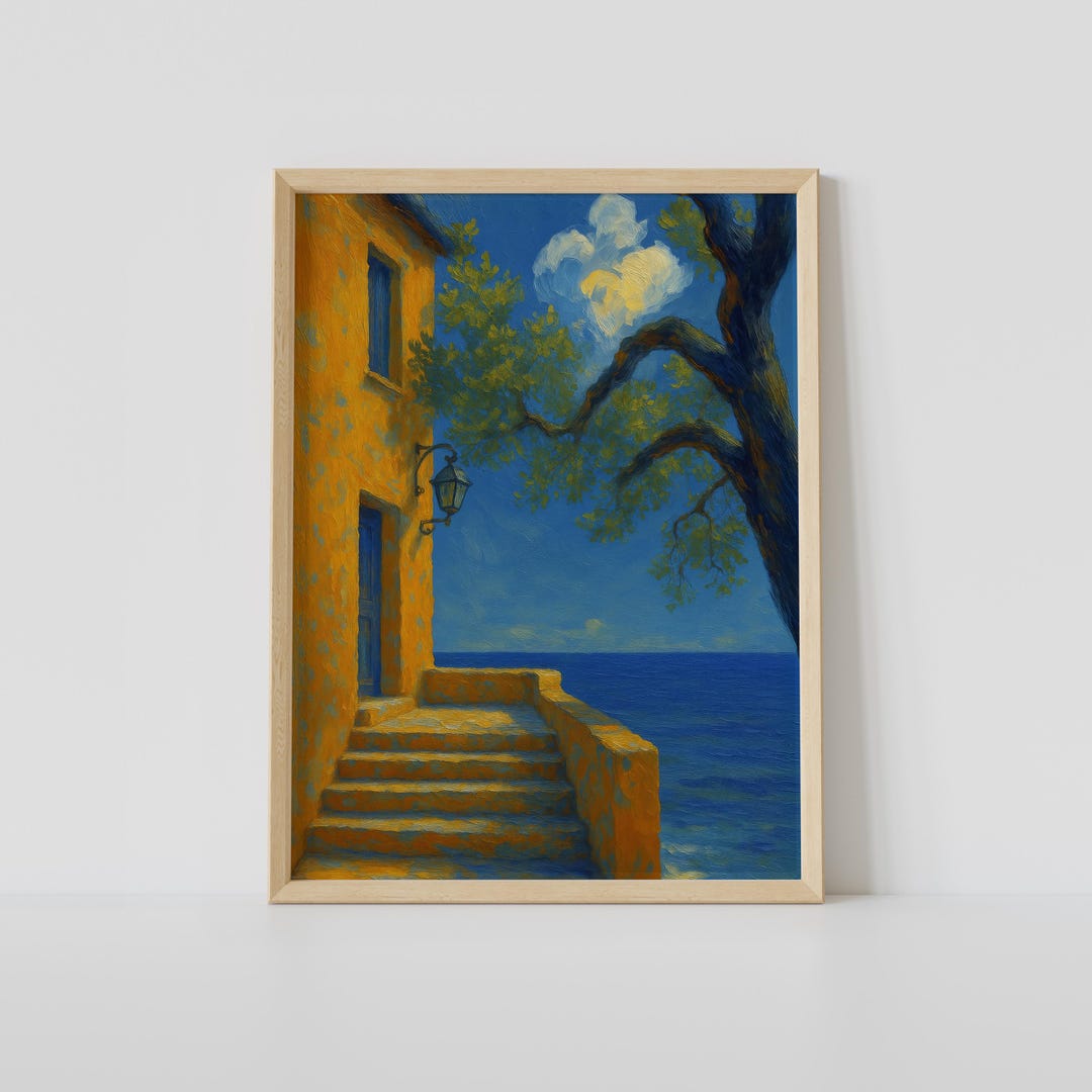 Mediterranean Night Print – Seaside Stairs and Moonlight Art - Etsy