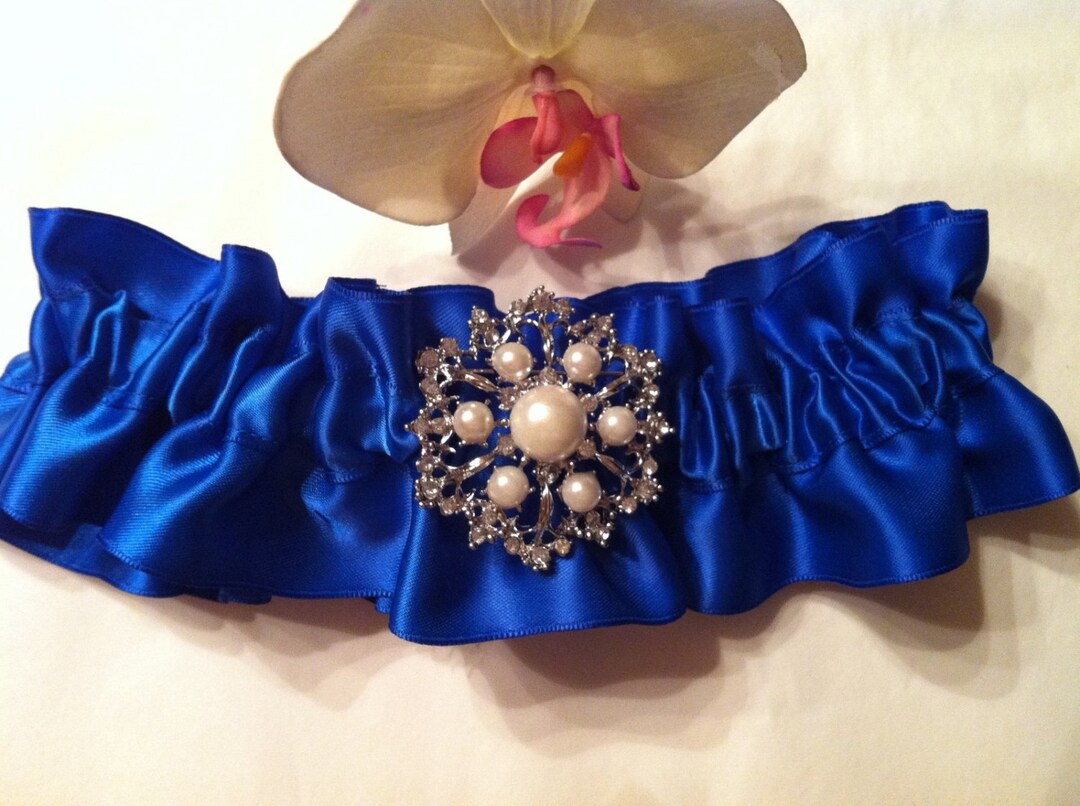 Royal Blue Garter Satin Bridal Wedding Garter Rhinestone And Pearl Accent