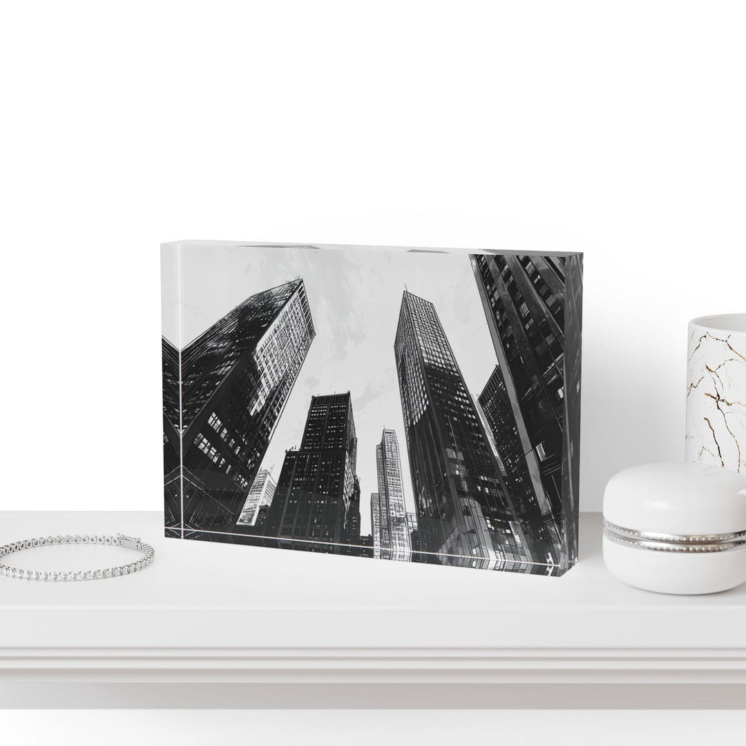 City Skyline Photo Block | Black and White Urban Skyscrapers Acrylic ...