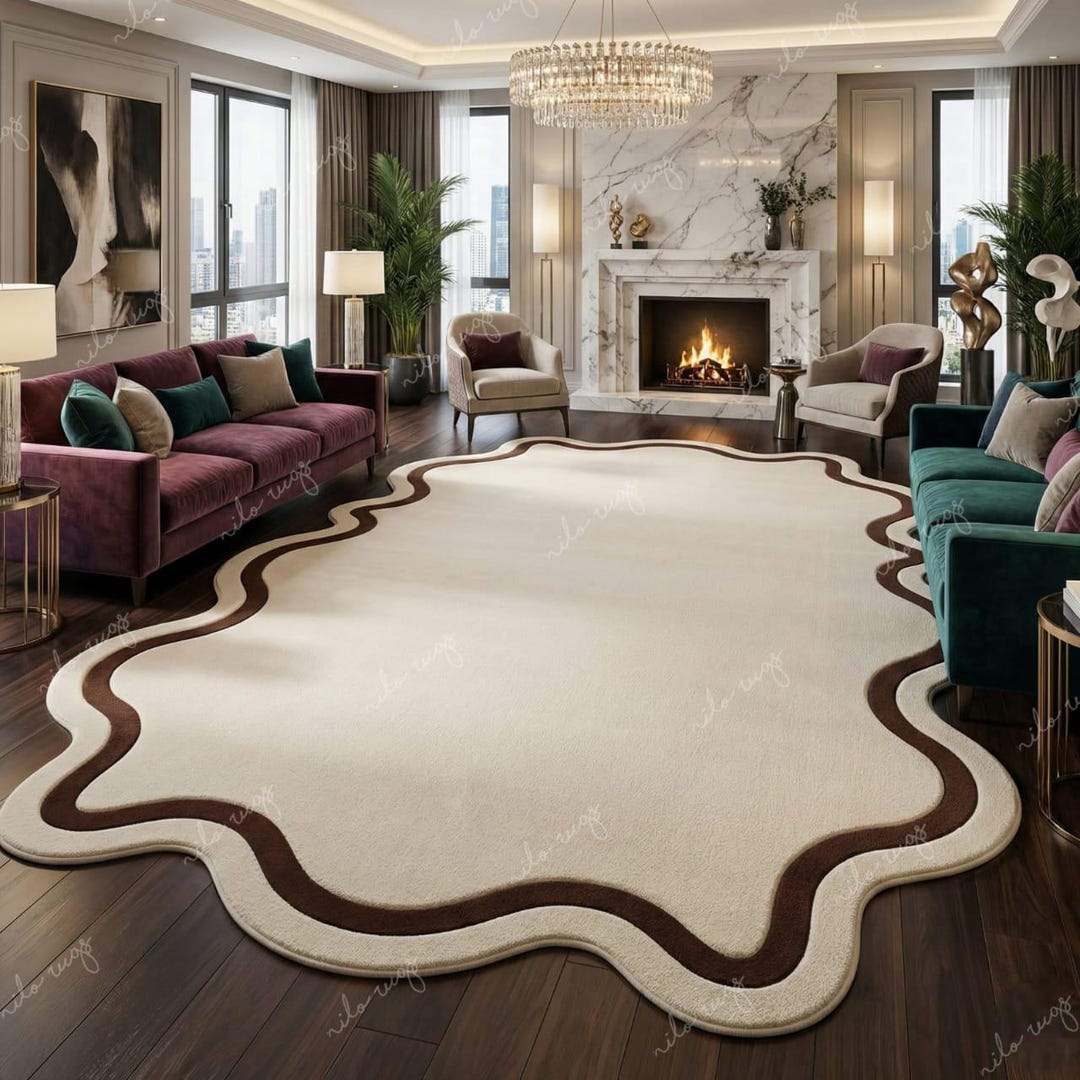 Luxury Irregular Shape Area Rug Modern Wavy Edge Cream & Brown Rug ...