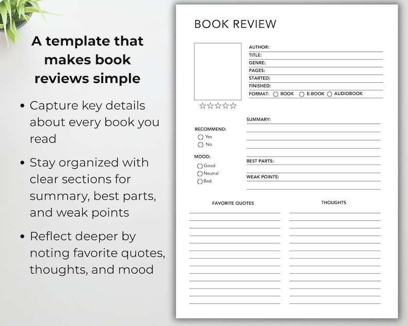 Book Review Template | Printable Book Summary Page | Minimalist Book ...