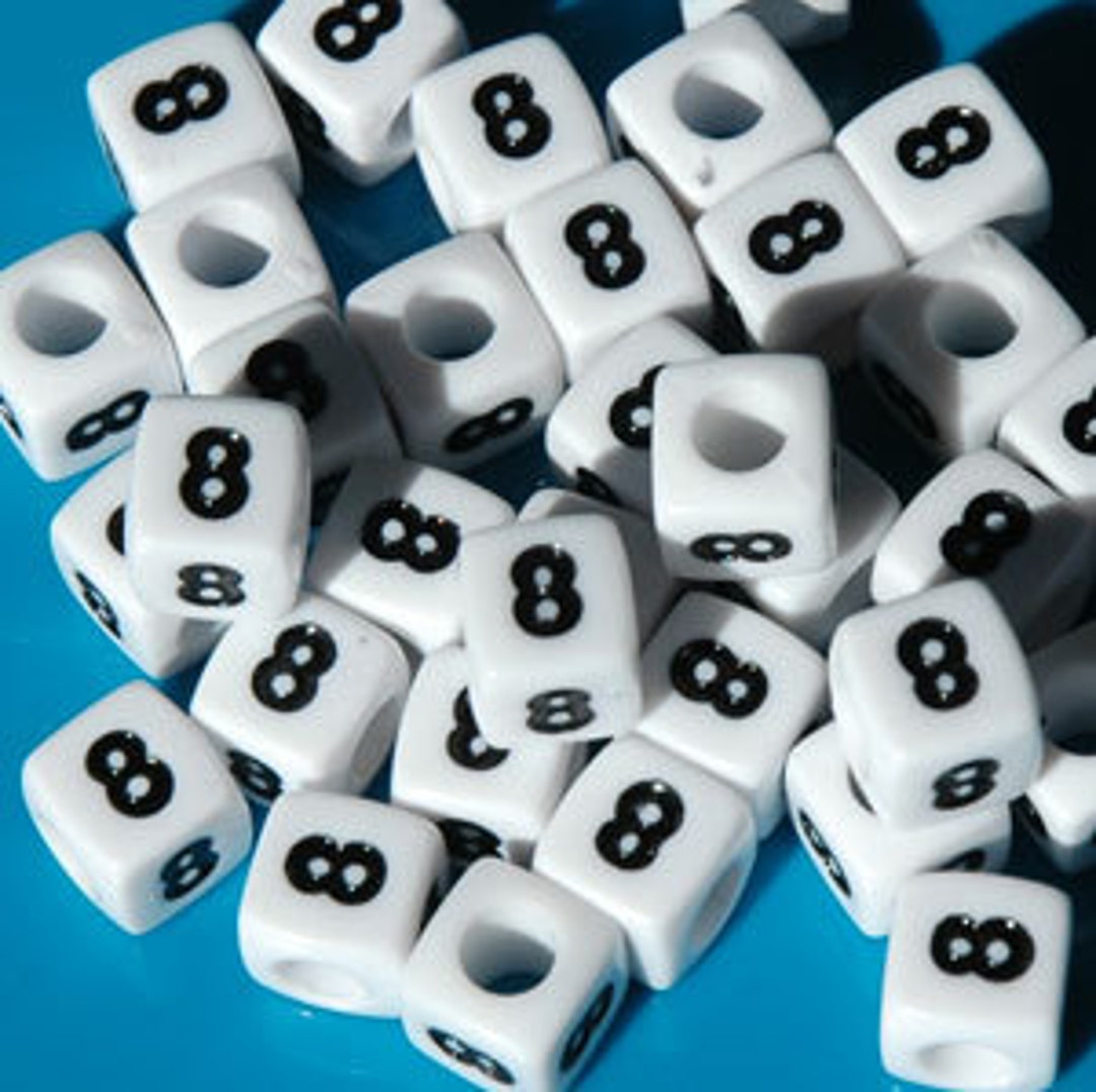 Number 8, 7x7mm Cube Beads Brite White With Glossy Black Number, 100pc ...