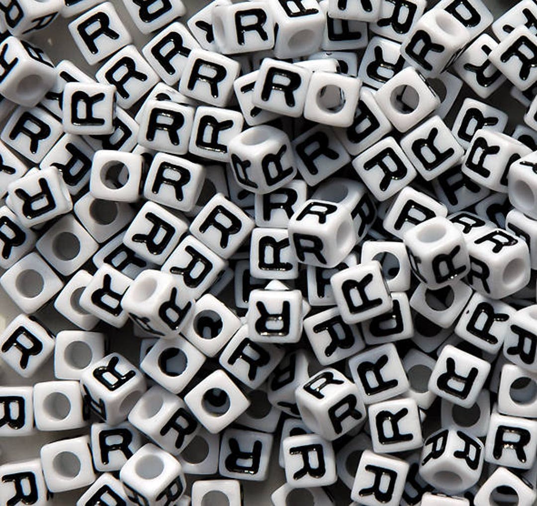 Letter-r, 7x7mm Cube Alphabet Beads Brite White With Glossy Black ...