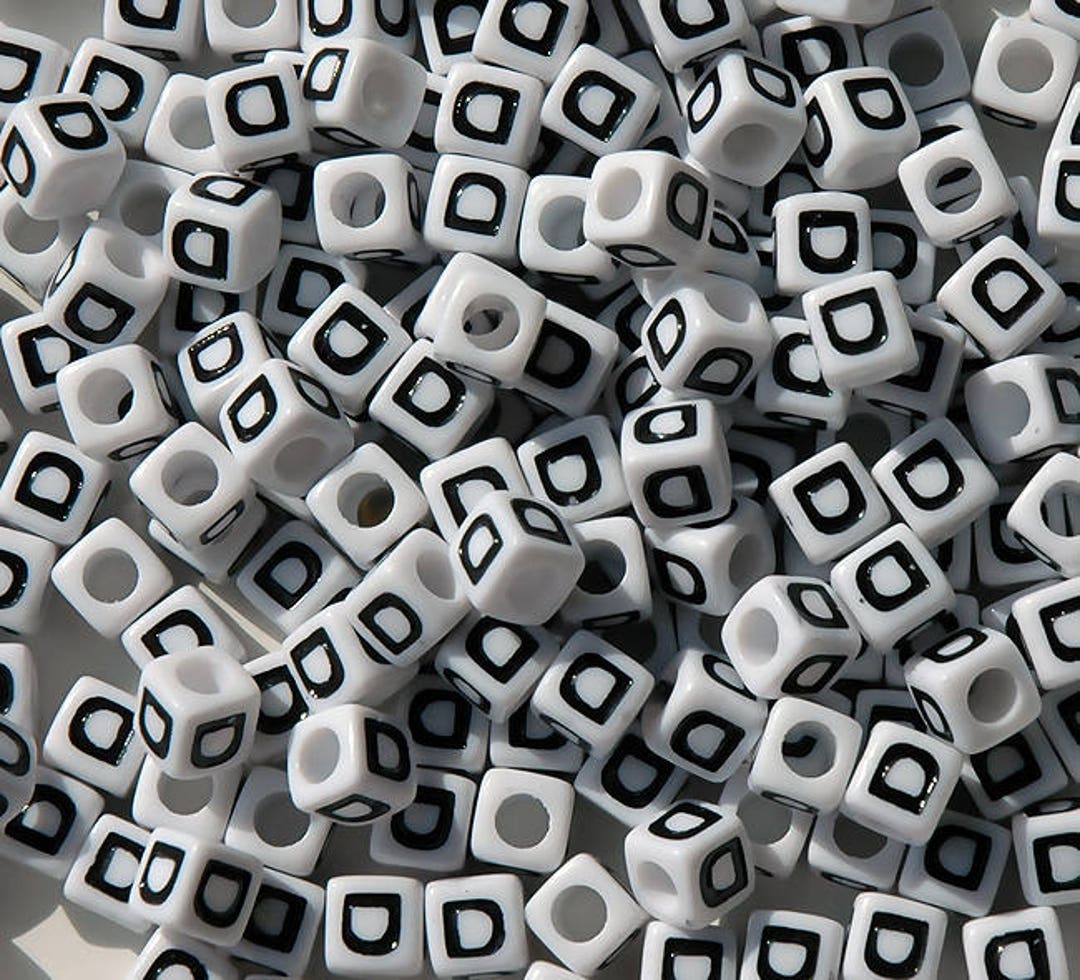 Letter-d, 7x7mm Cube Alphabet Beads Brite White With Glossy Black ...