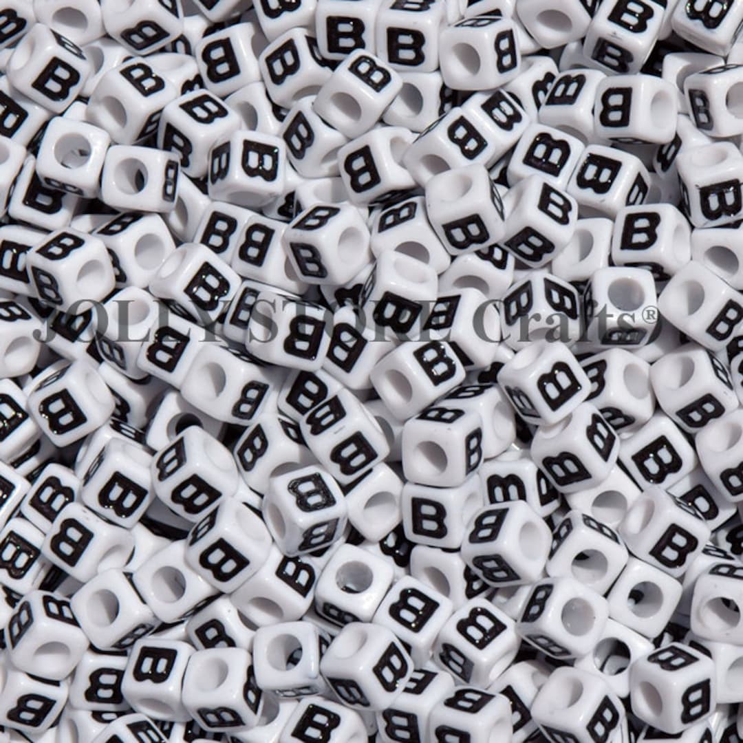 Letter-b, 7x7mm Cube Alphabet Beads Brite White With Glossy Black ...