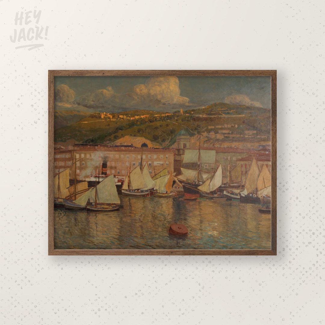 Harbor Scene Wall Art Print – Sailboats and Coastal Town Painting ...