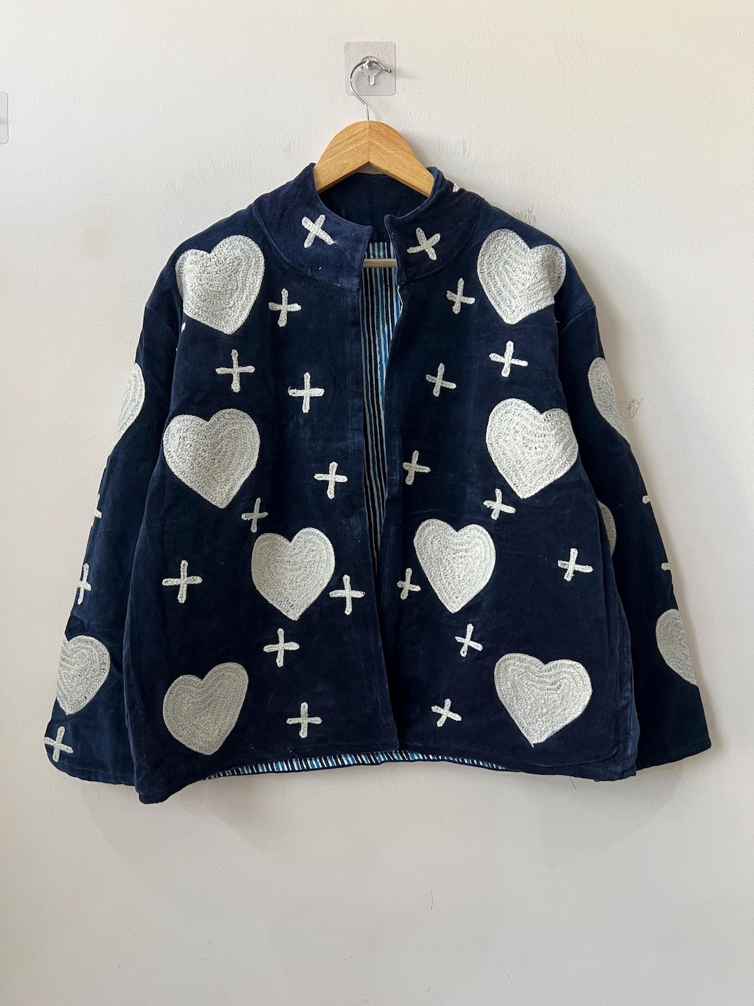 Navy Velvet Heart Embroidered Jacket | Handmade Suzani Boho Coat - Etsy