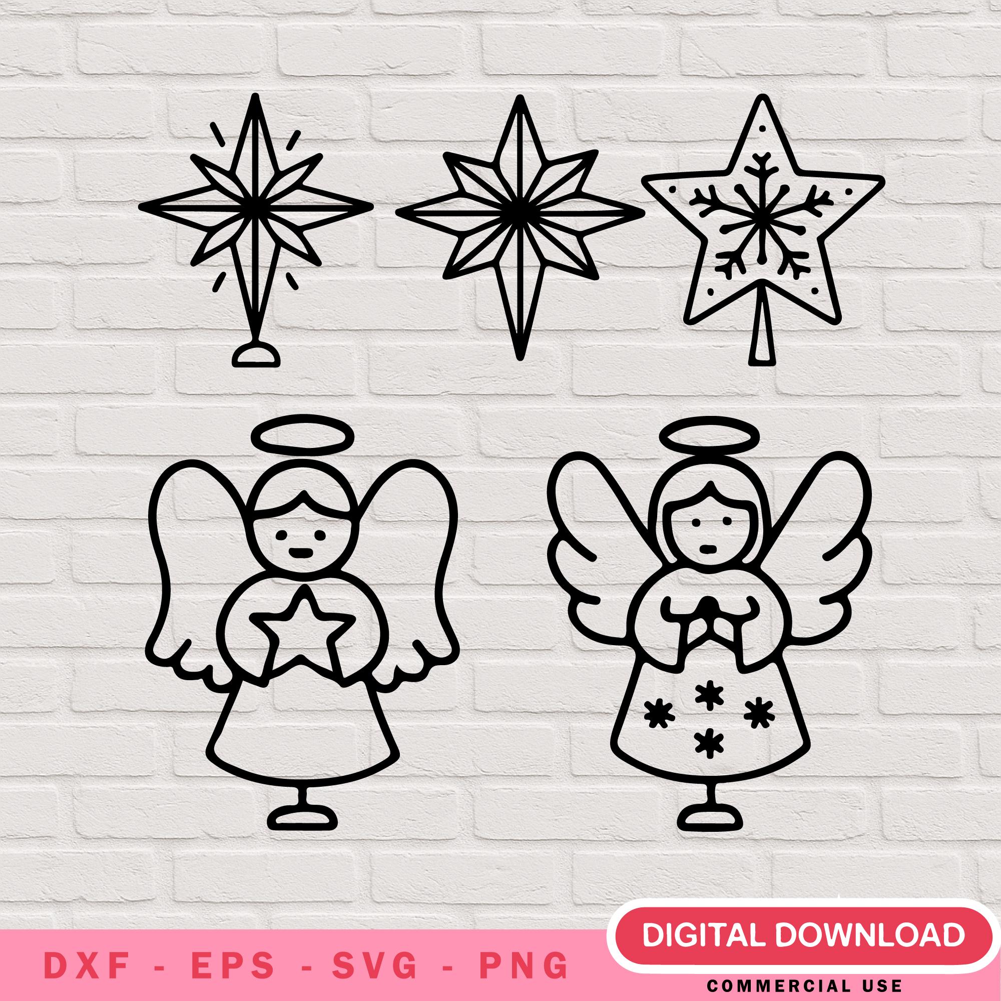 Christmas Tree Topper SVG Bundle: Angel & Star Outlines (digital ...