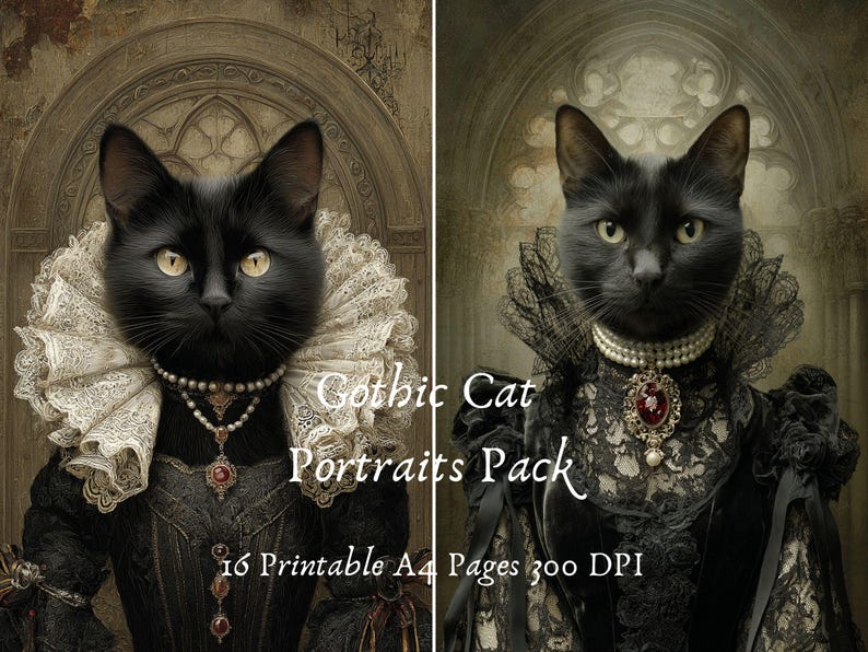 Gothic Black Cat Portraits Printable Paper Pack | 16 A4 Pages in Dark ...