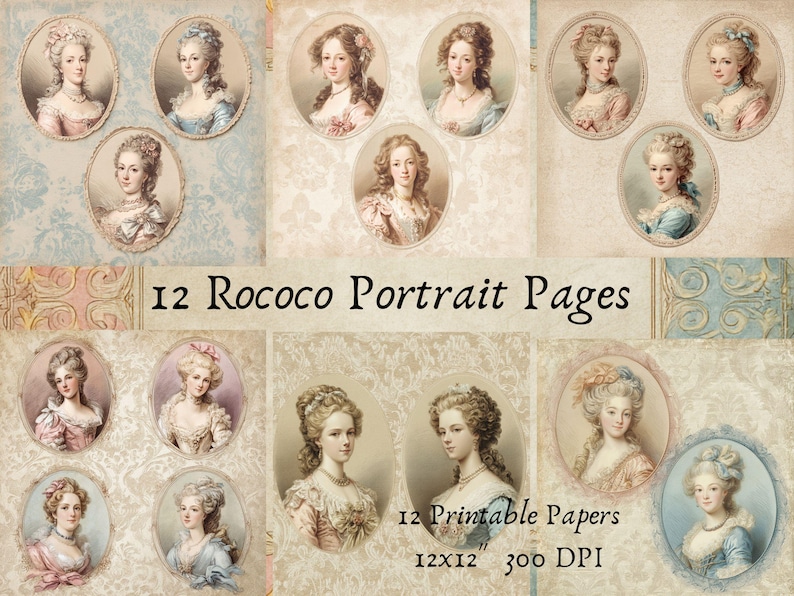 Rococo Portrait Printable Paper Pack | 12 Vintage 12x12 Pages With 18th ...