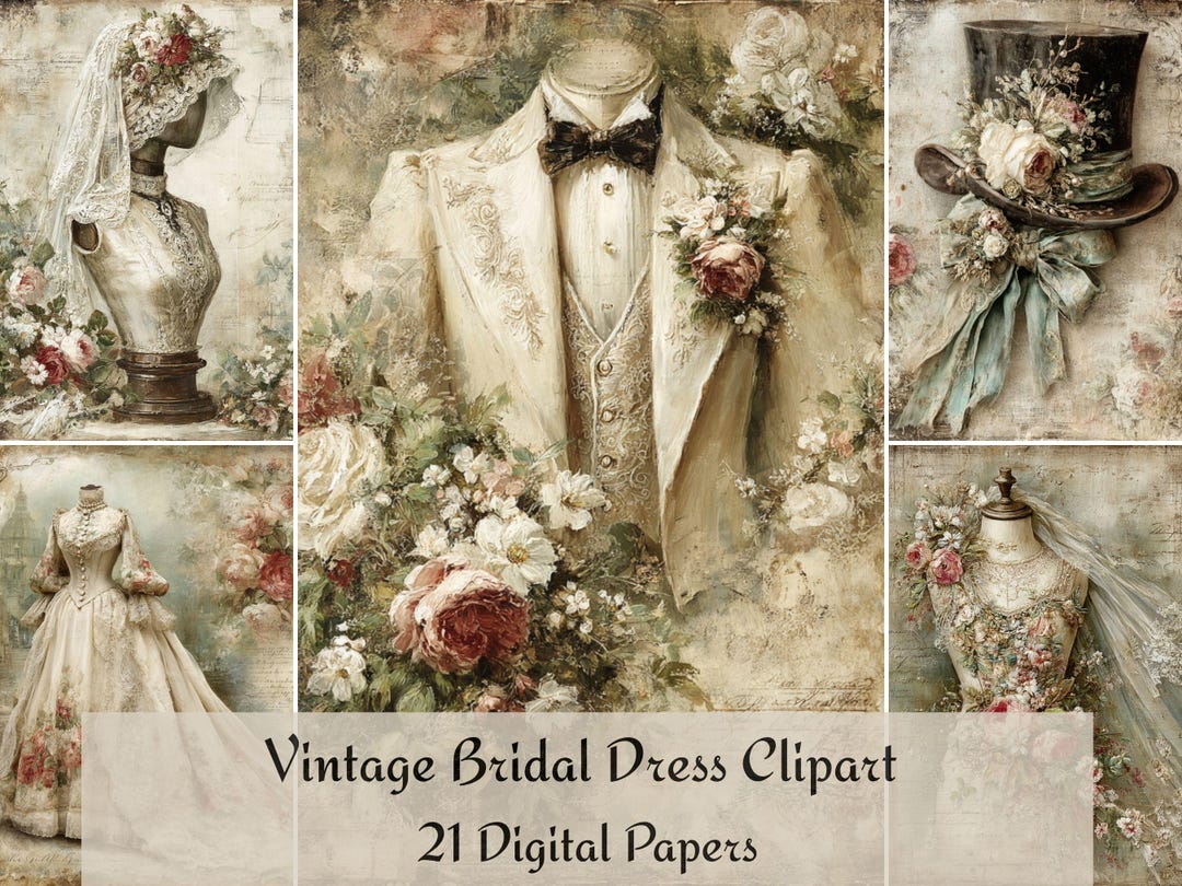 Vintage Bridal Dress Clipart – Printable Antique Wedding Fashion ...