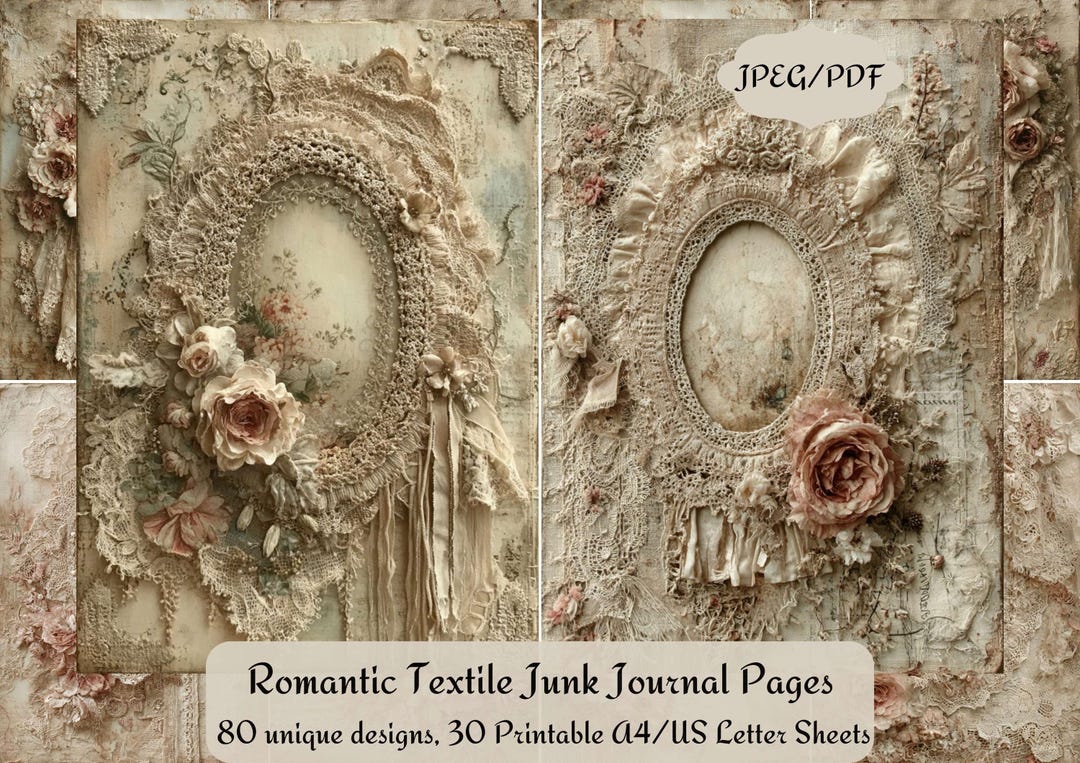 Romantic Textile Junk Journal Pages Oval Frame Double Page Set A4 & US ...