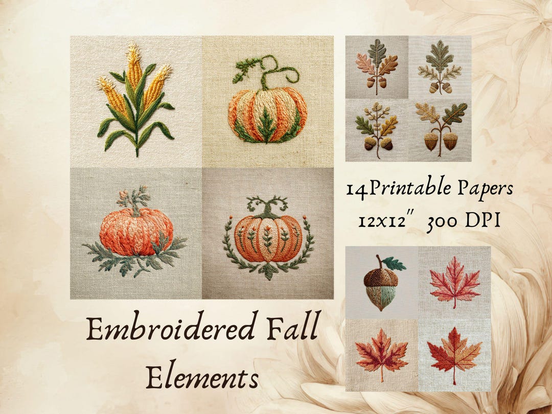 Embroidered Fall Elements Digital Paper Pack 14 Square 12x12 Inch ...