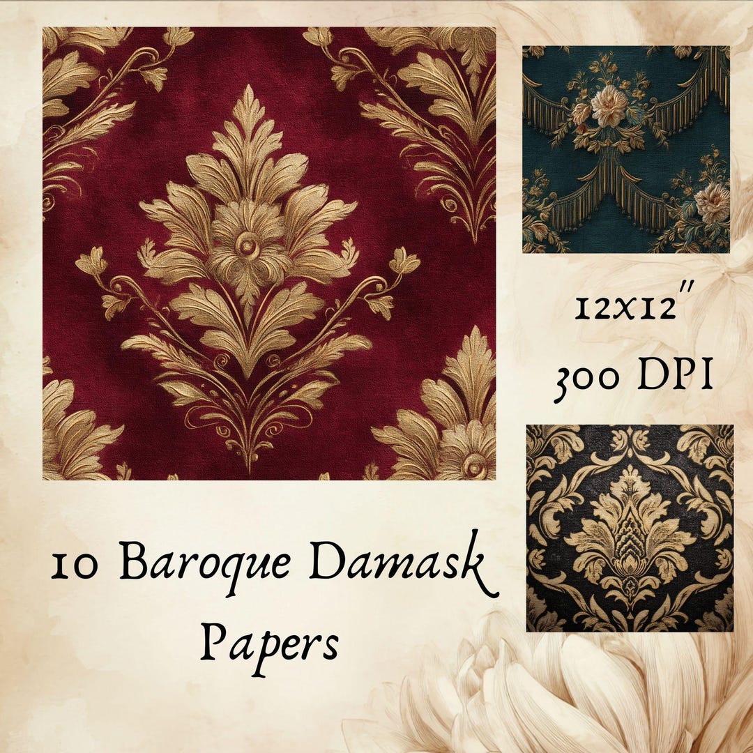 10 Baroque Damask Papers Digital Background Pack Ornate 12x12 Inch ...