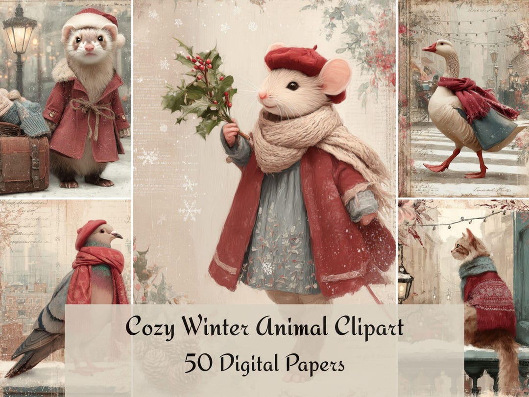 Cozy Winter Animal Clipart 50 Printable Pages With Stylishly Dressed ...
