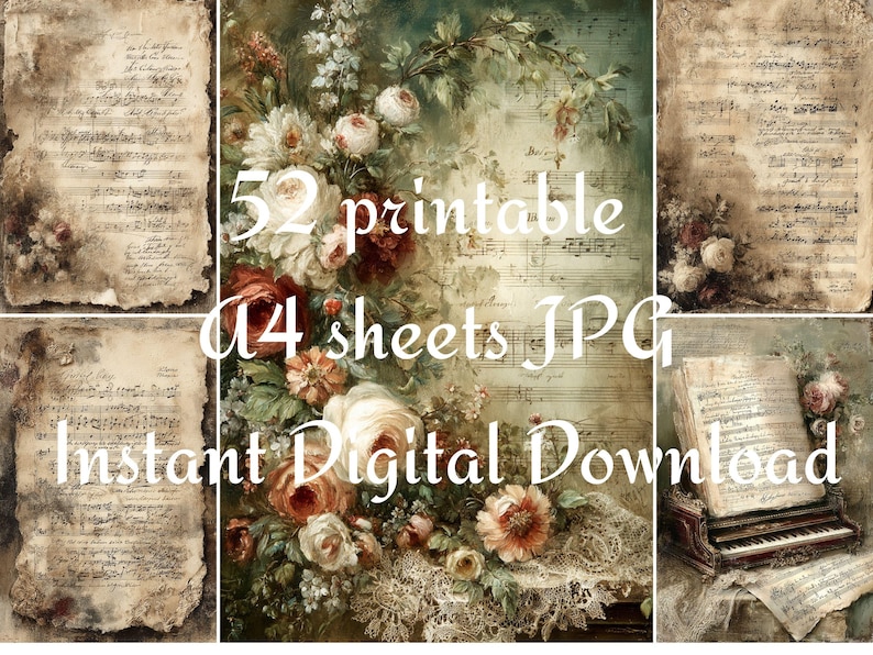 Vintage Music Sheet Journal Kit 52 Printable A4 Pages With Baroque ...