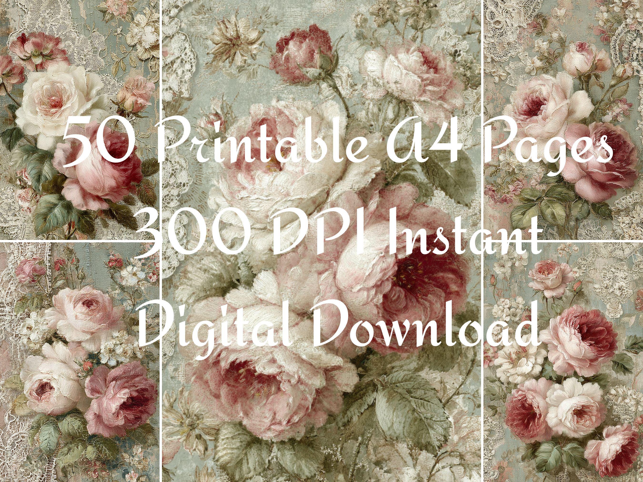 50 Shabby Chic Roses Digital Papers, Floral Background Bundle With Lace ...