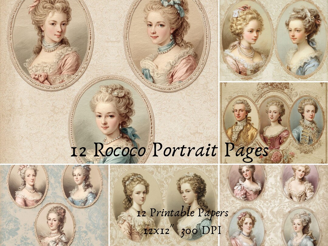 Rococo Portrait Printable Paper Pack | 12 Vintage 12x12 Pages With 18th ...
