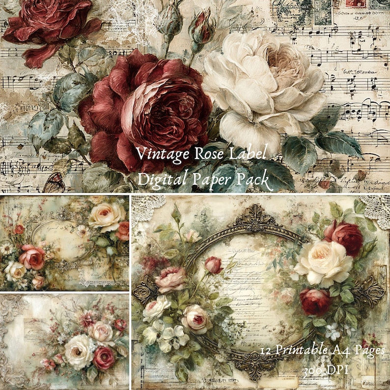 Vintage Rose Label Paper Pack A4 Digital Ephemera 12 JPG Sheets ...