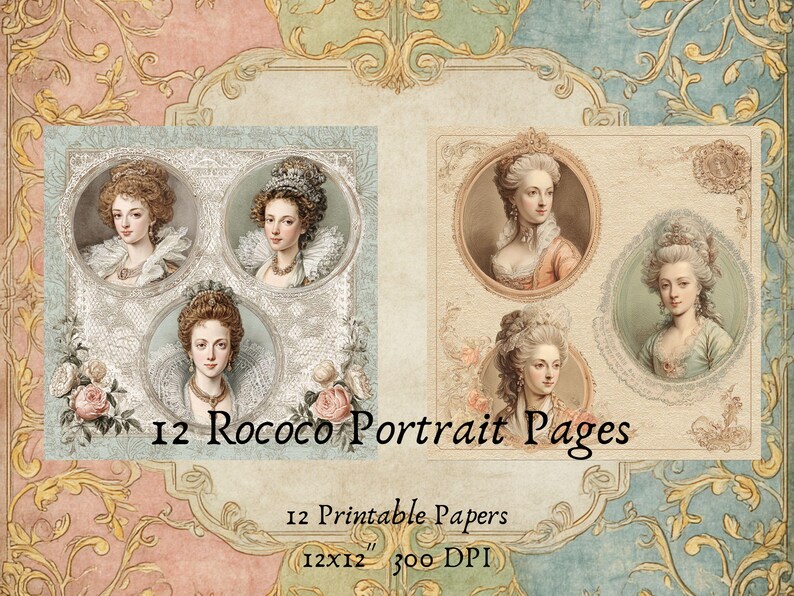Rococo Portrait Printable Paper Pack | 12 Vintage 12x12 Pages With 18th ...