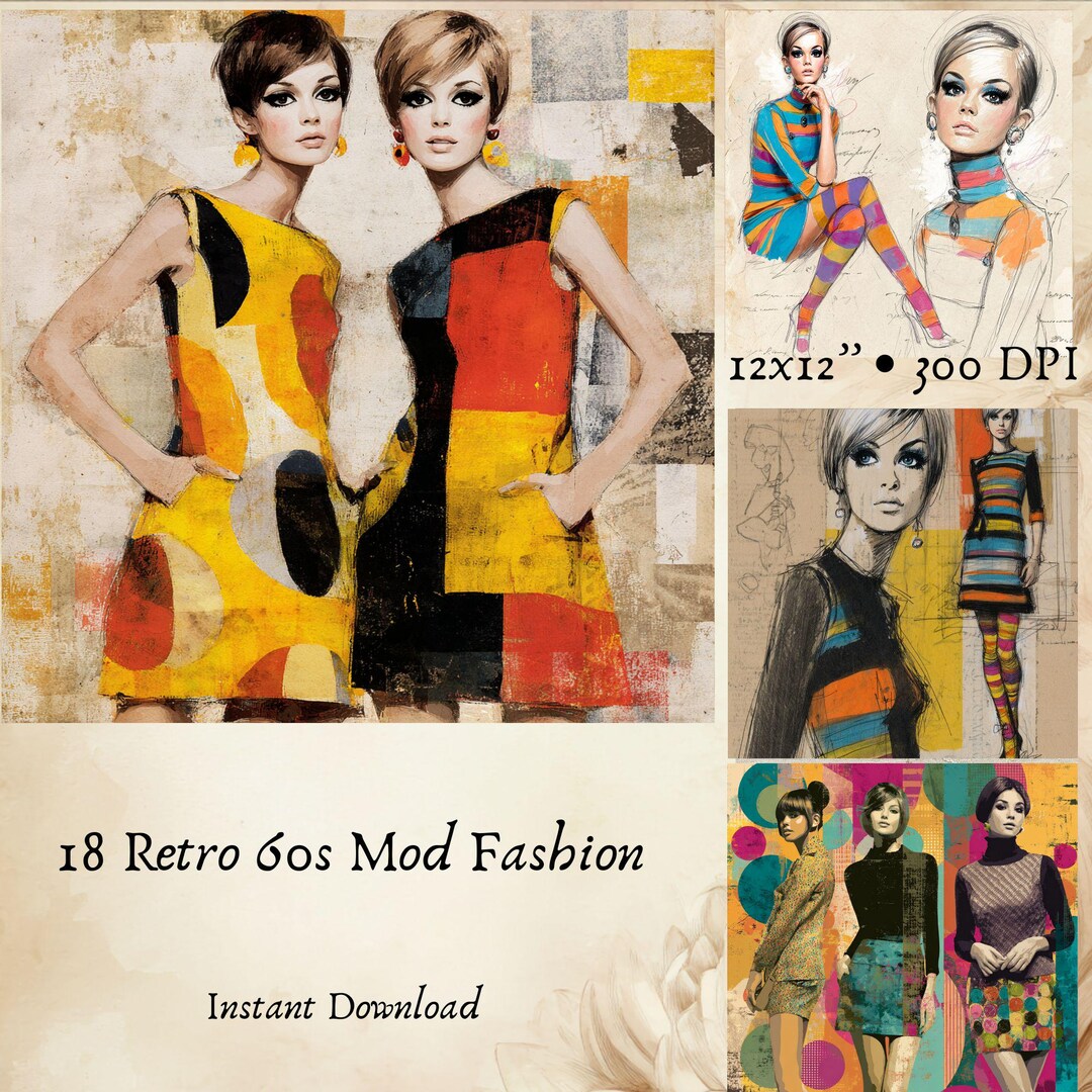 18 Retro 60s Mod Fashion Digital Papers Scrapbook Kit, Pop Art Style ...