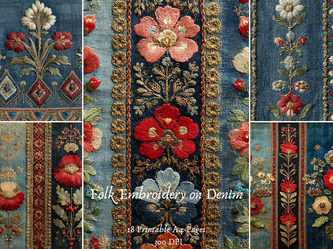 Folk Embroidery on Denim Paper Pack 18 Slavic Floral Scrapbook Textures ...