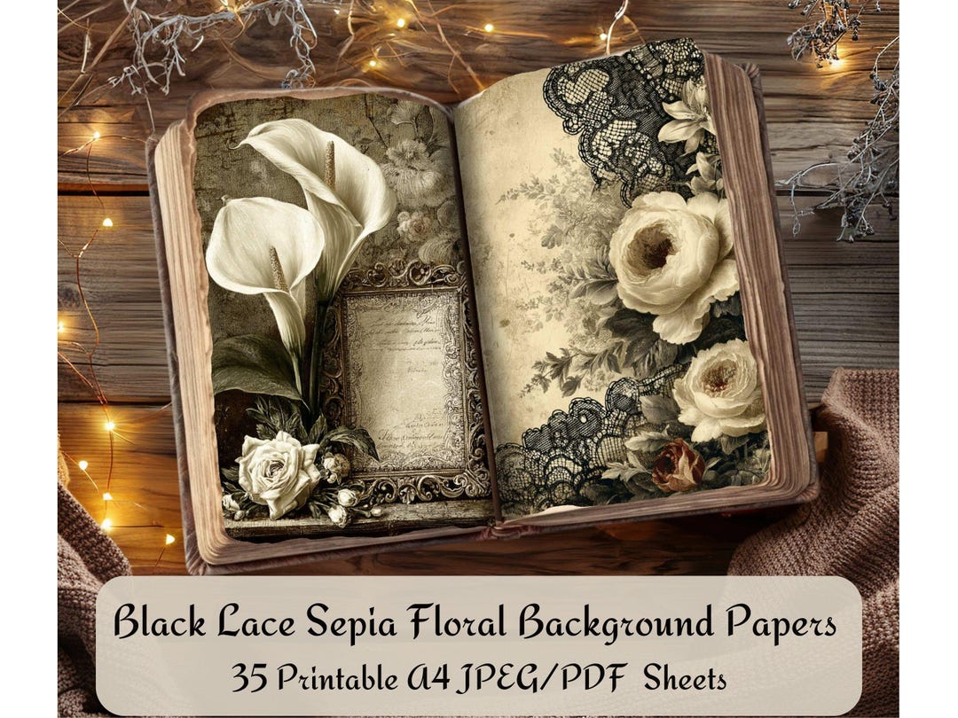 Black Lace Sepia Floral Background Papers, Victorian Gothic Journal ...